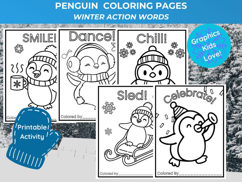 Penguin Coloring Pages With Words | Winter Activity Coloring Set | Cute ...