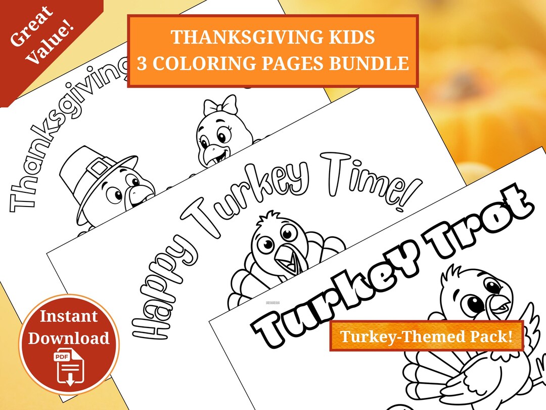 3-pack Kids Turkey-themed Coloring Pages | Thanksgiving Printable ...