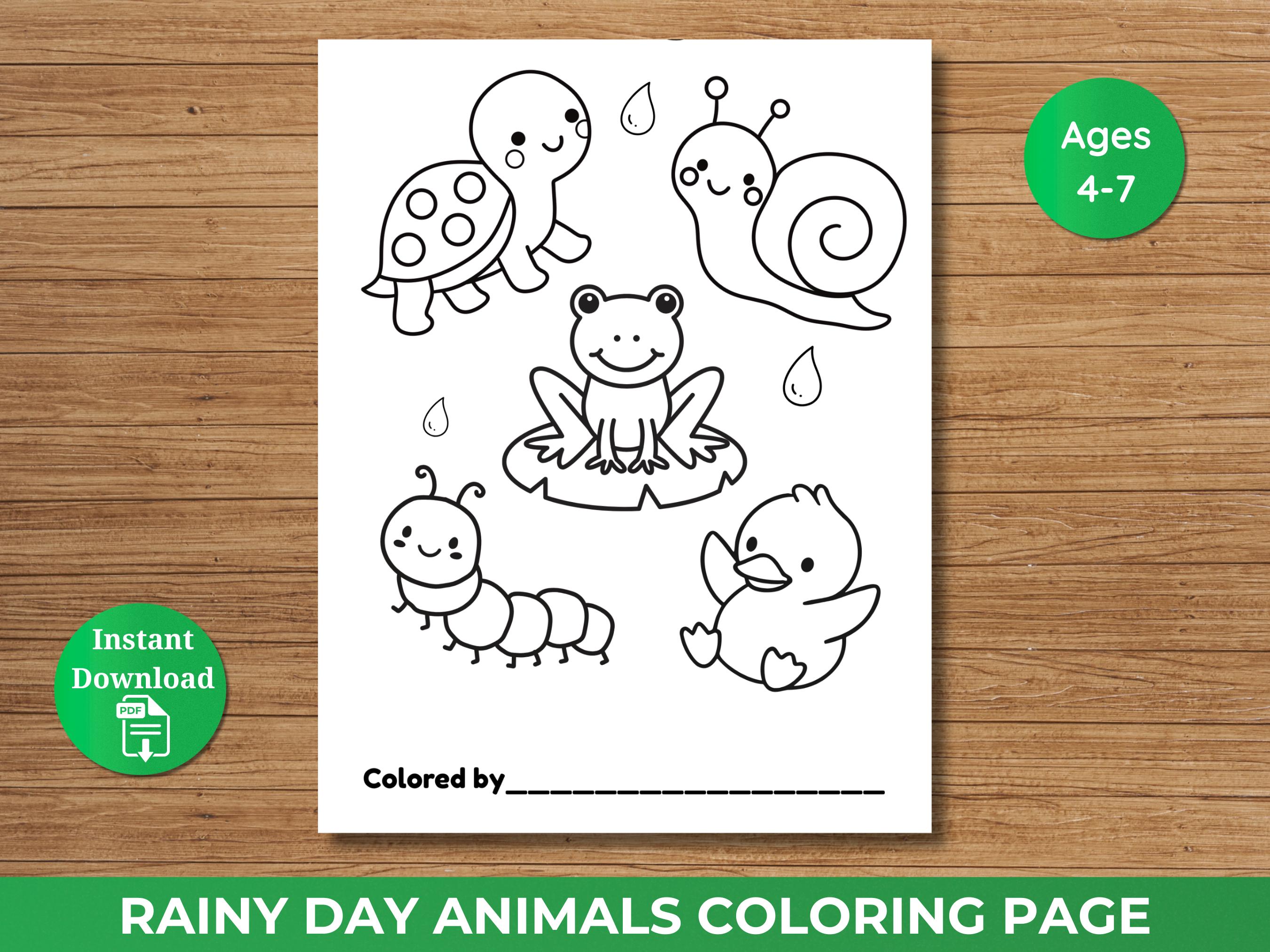 Rainy Day Animals Coloring Page Printable | Cute Frog Duck Snail ...
