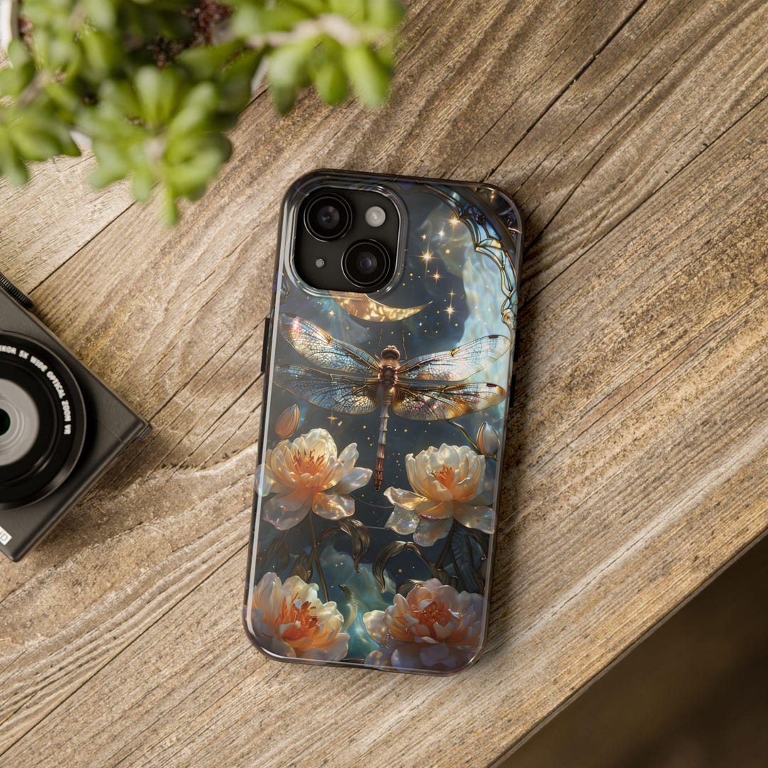 Dragonfly Stained Glass Phone Case | Moonlit Floral Art Nouveau Design ...