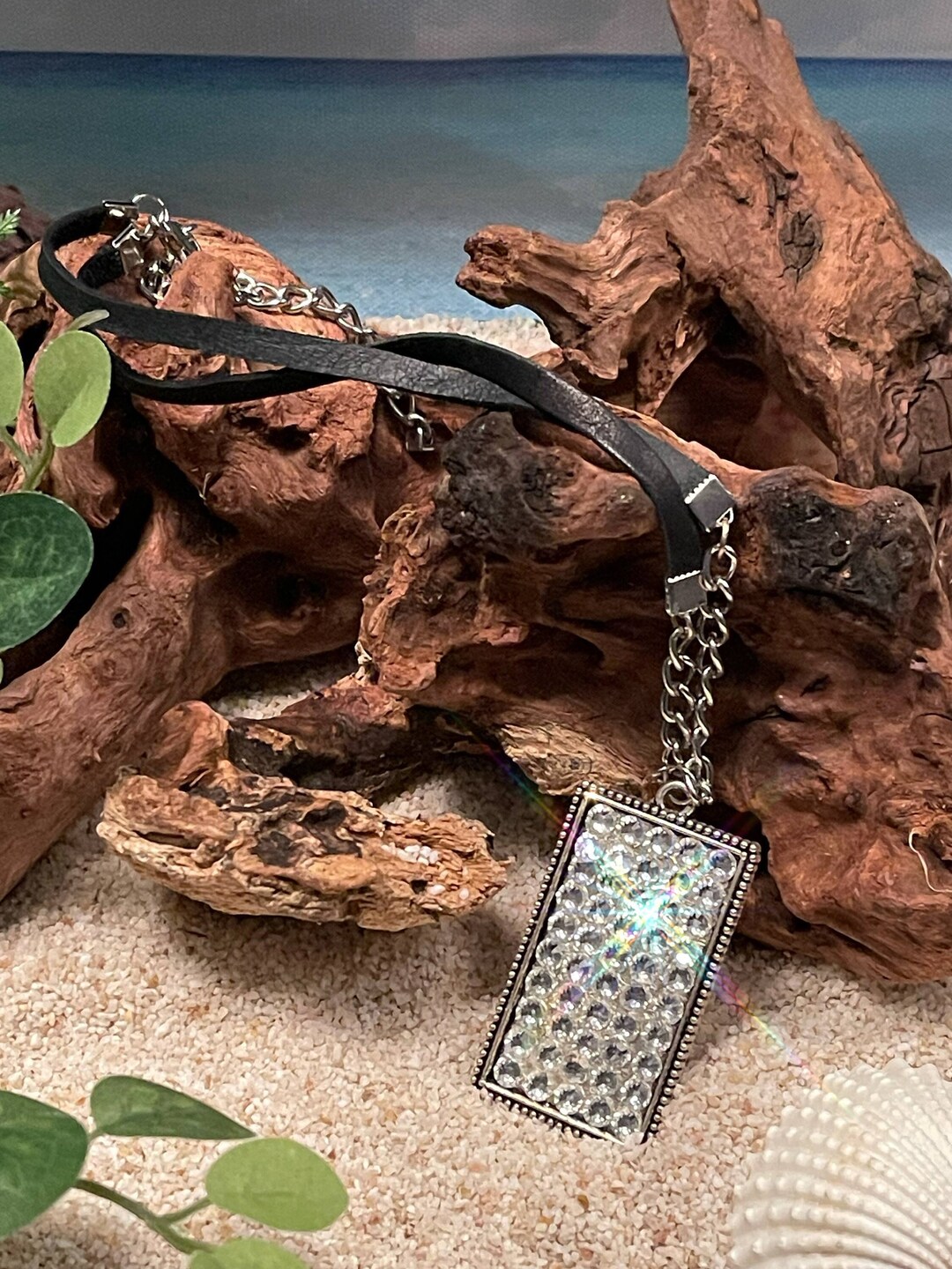 50 Swarovski Crystals Necklace Sparkly Blinging Pennant Leather Chain ...