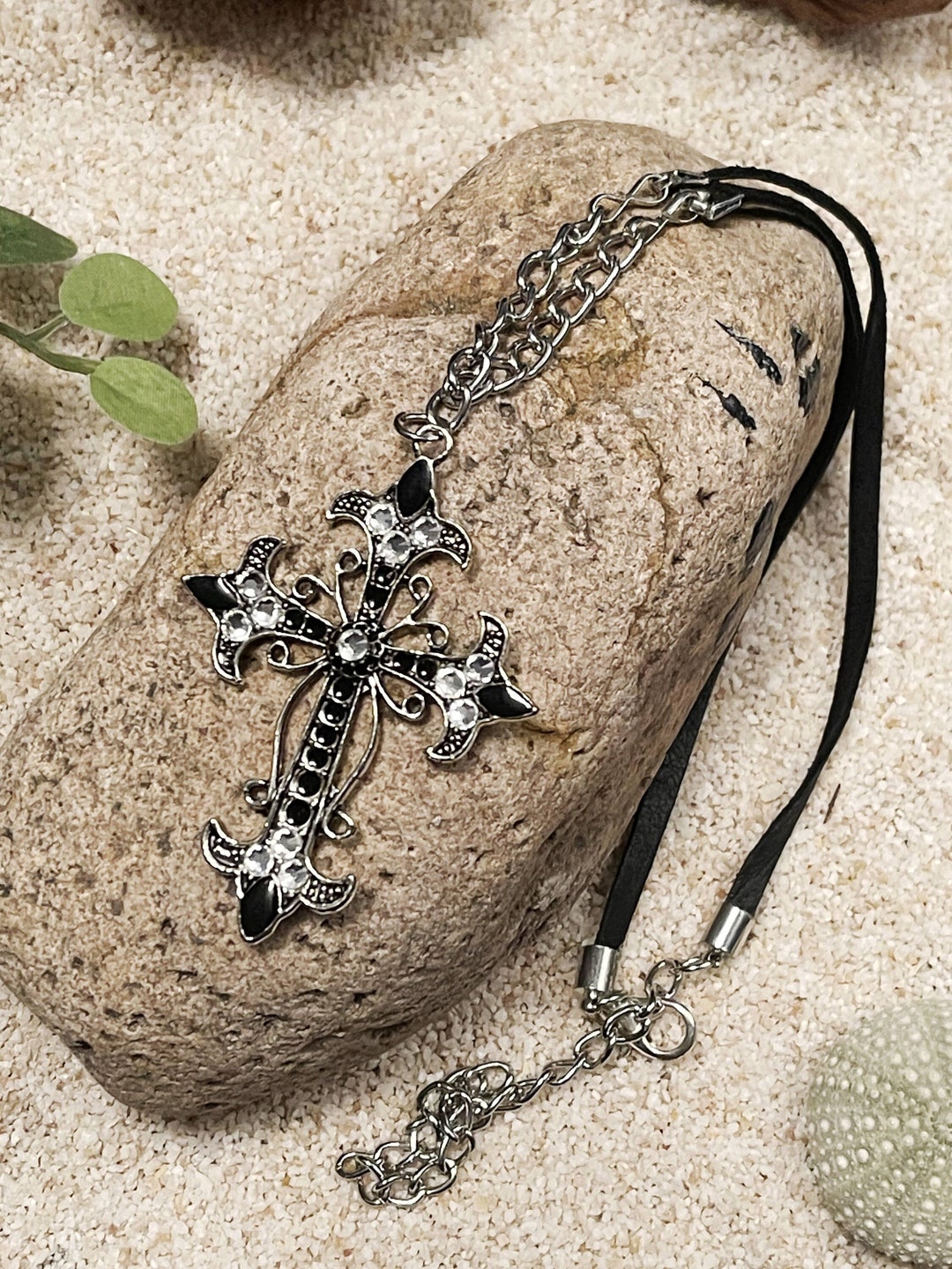 SWAROVSKI CROSS NECKLACE Sparkly Blinging Pennant Leather Chain - Etsy