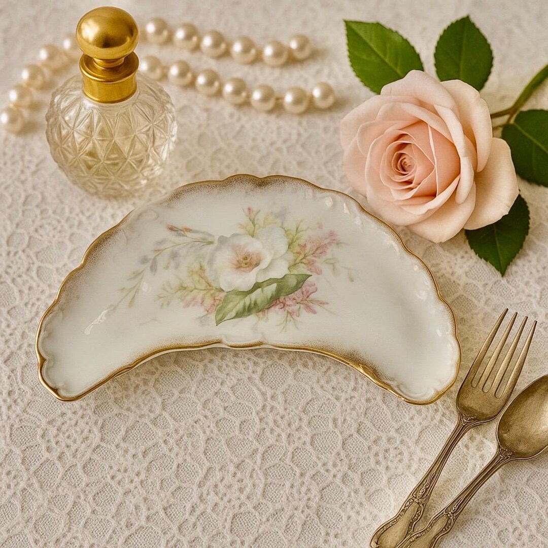 Vintage Silesia Germany Bone China Crescent Dish – Floral Gold Trim - Etsy