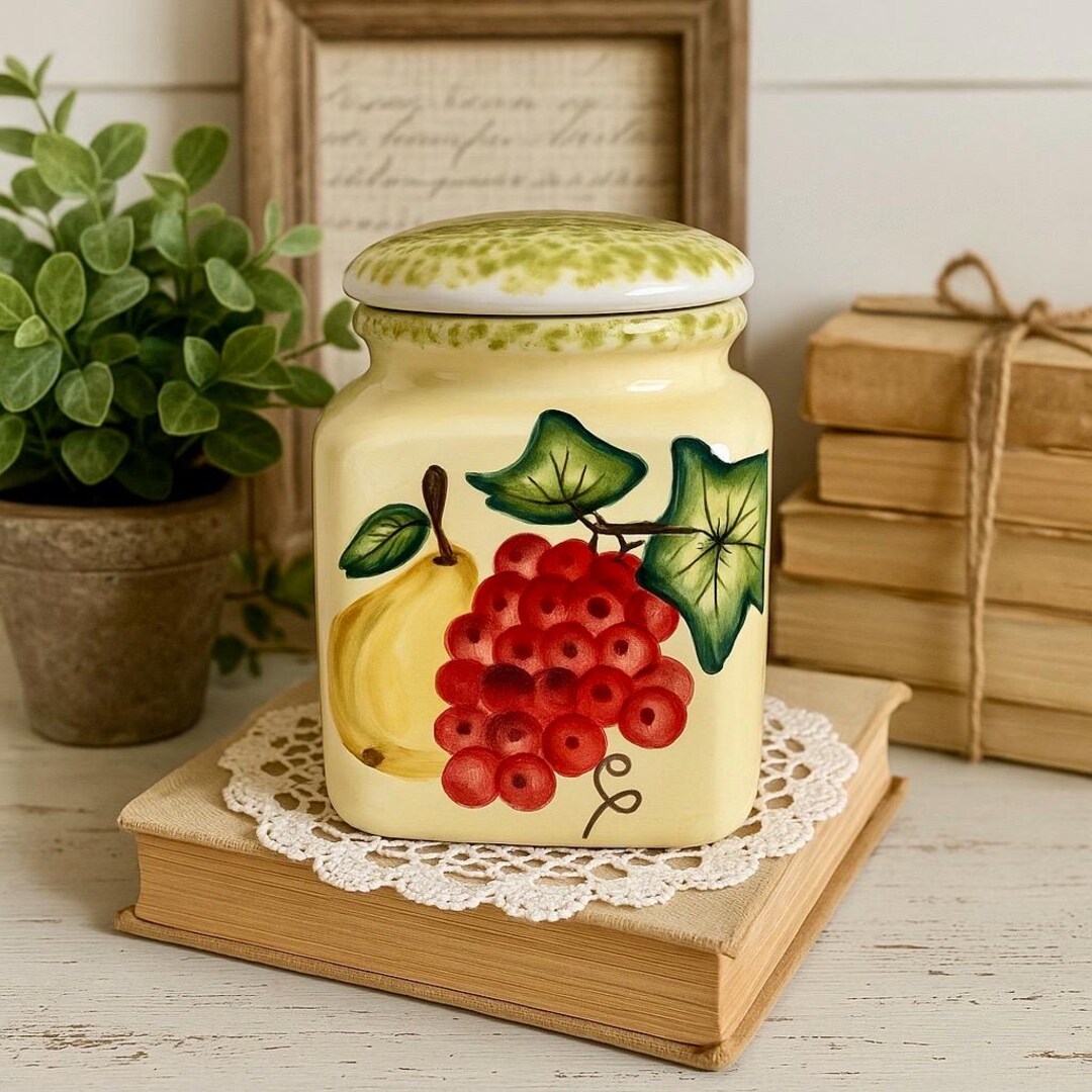 Vintage Dolomite Fruit Canister – Hand-painted Grapes & Pear – Ceramic ...