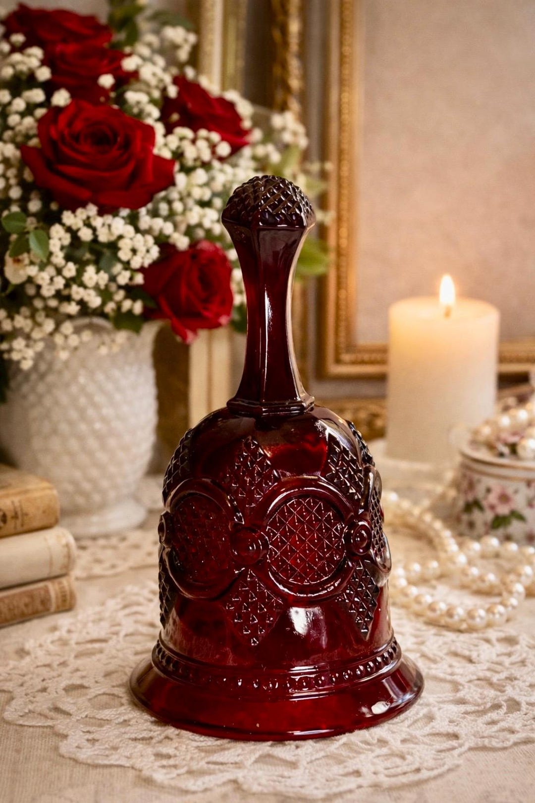 Vintage Avon Ruby Red Pressed Glass Bell | Diamond & Oval Pattern ...