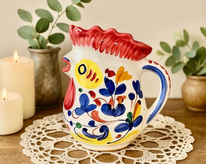 Vintage Italian Hand-painted Chicken Pitcher – Colorful Majolica Style ...
