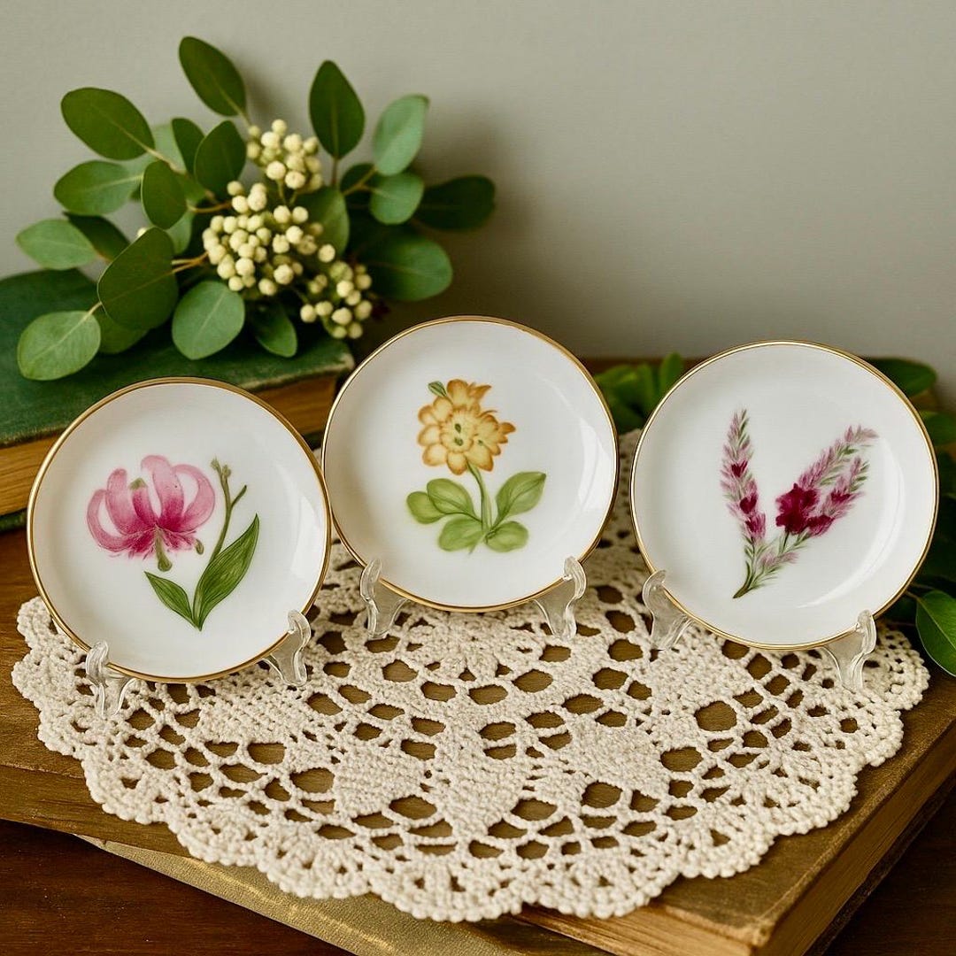 Vintage Floral Porcelain Butter Pats – Set of 3 – Gold Rim – Botanical ...