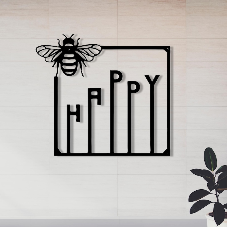 Bee Happy Metal Wall Art, Motivational Bee Decor, Minimalist Typography ...