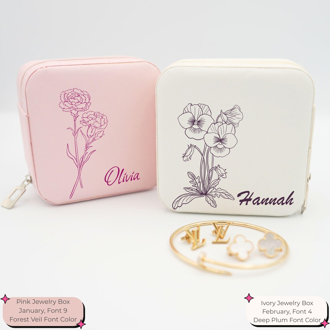 Personalized Birth Flower Travel Jewelry Box, Custom Name Case ...