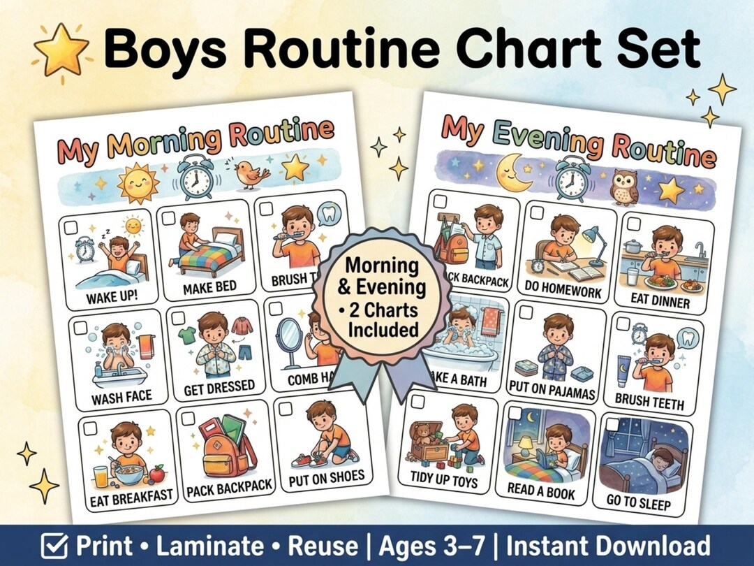Boys Morning Evening Routine Charts | Ages 3-7 Visual Schedule (digital ...