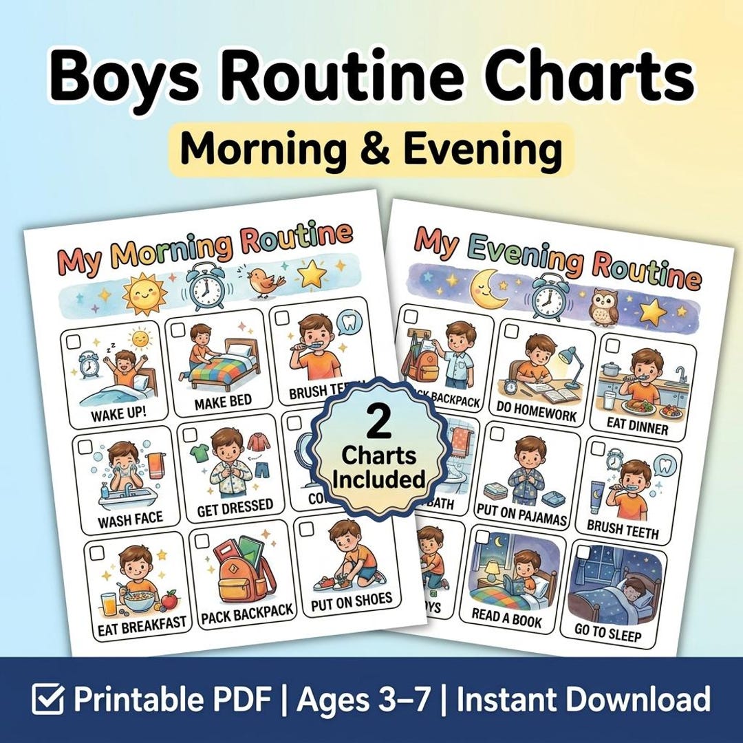 Boys Routine Chart Printable | Morning Evening Daily Schedule, Visual ...