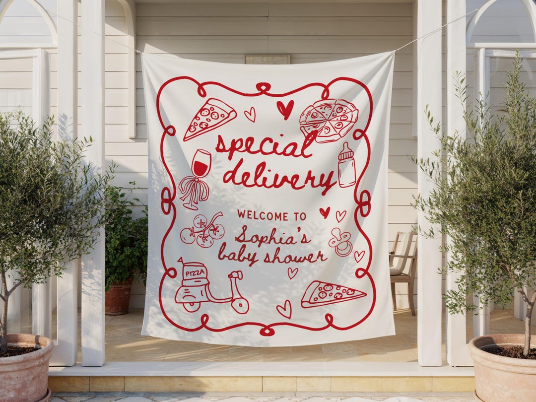 Special Delivery Pizza Baby Shower Backdrop, Hand Drawn Italian Pizza ...
