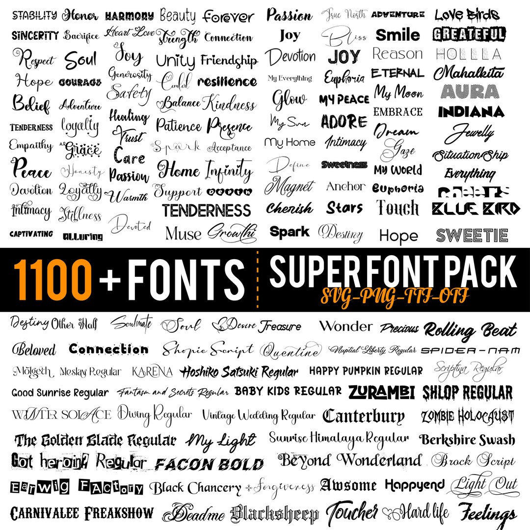 The Ultimate 1100 Fonts - Font Bundle Ttf Svg Heart Font, Cricut, Canva ...