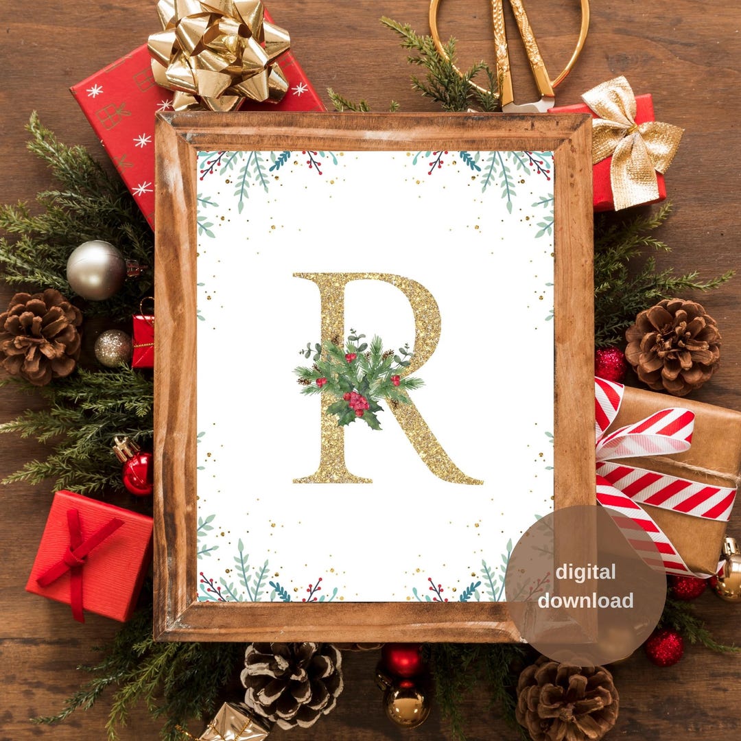 Gold Glitter Christmas Letter R Print: Holiday Botanical Wall Art (PDF ...