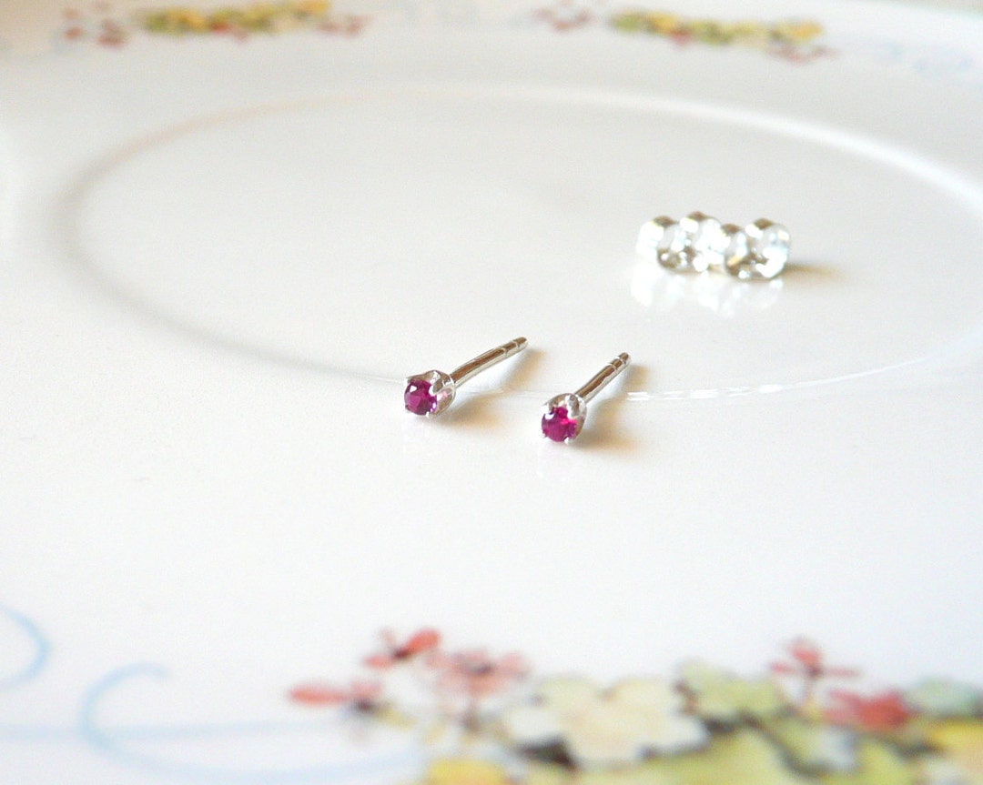 Ruby Birthstone Earrings, 1.75mm Tiny Ruby Earrings, Sterling Silver ...