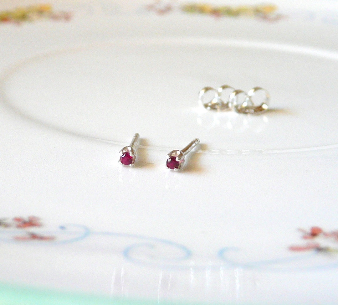 1.5mm Ruby Tiny Micro Earrings, Simple Sterling Silver Studs, Lab Ruby ...