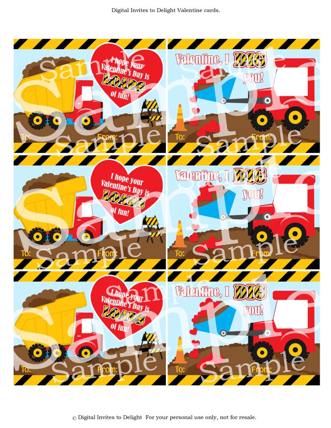 Construction Dump Truck Valentine's Day Cards DIY - Etsy