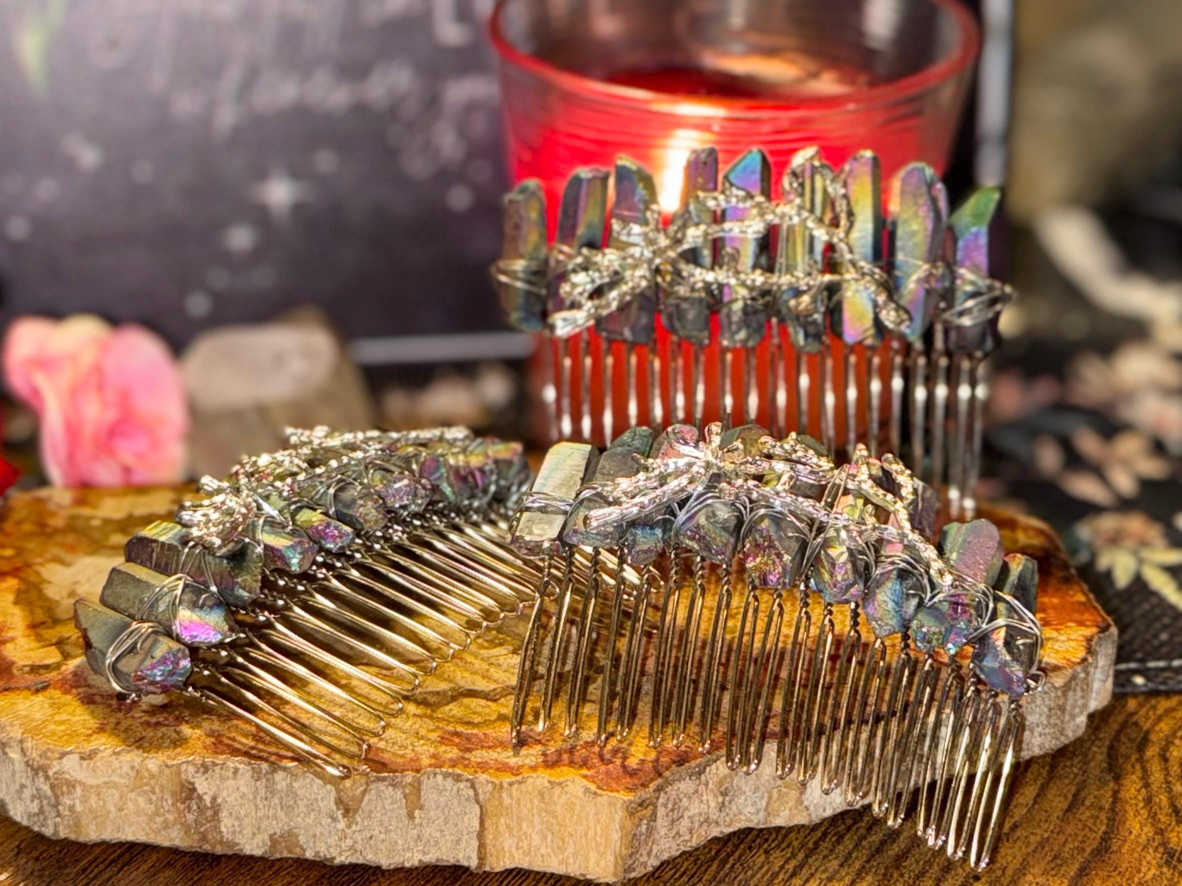 Rainbow Aura Quartz Crystal Hair Comb • Iridescent Crystal Hair Jewelry ...