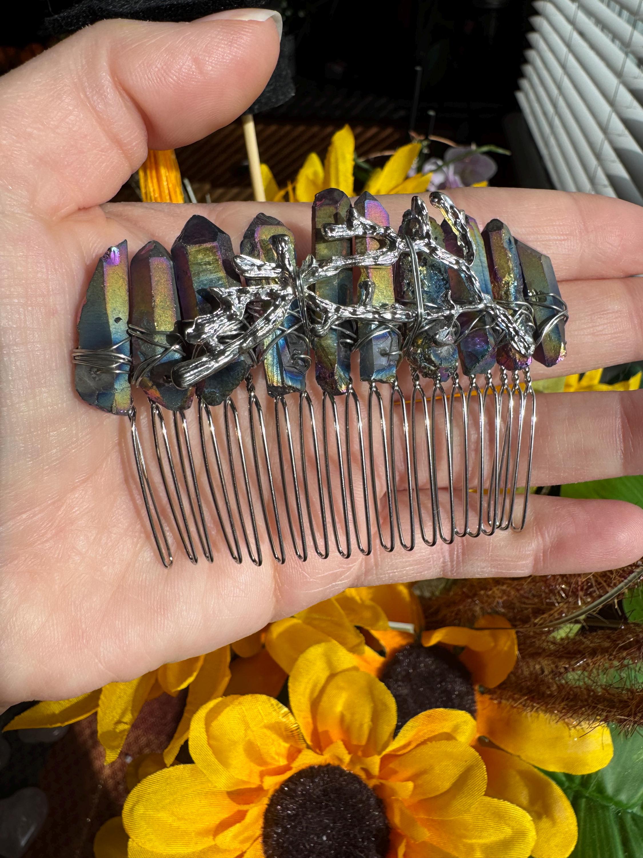 Rainbow Aura Quartz Crystal Hair Comb • Iridescent Crystal Hair Jewelry ...