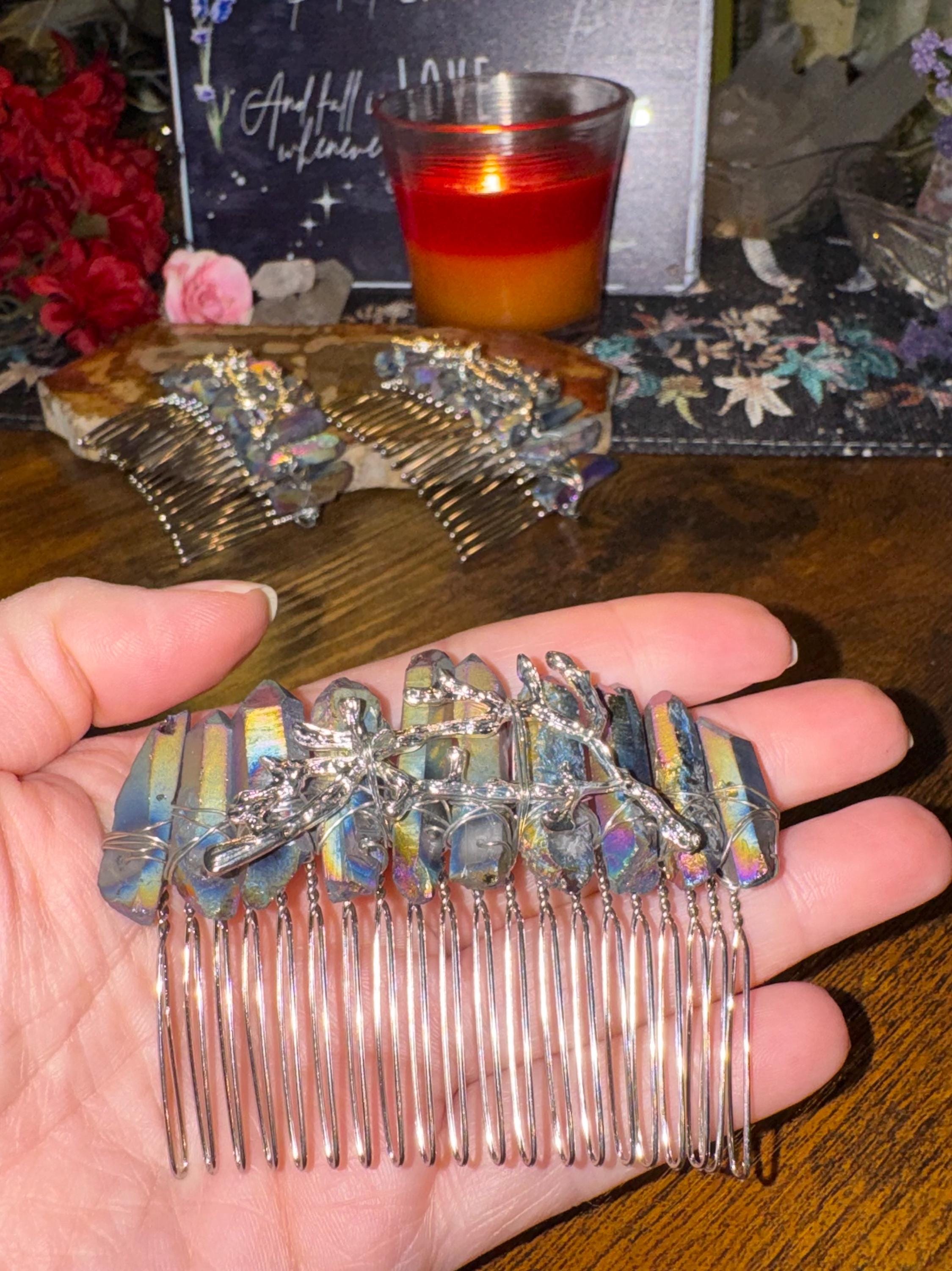 Rainbow Aura Quartz Crystal Hair Comb • Iridescent Crystal Hair Jewelry ...