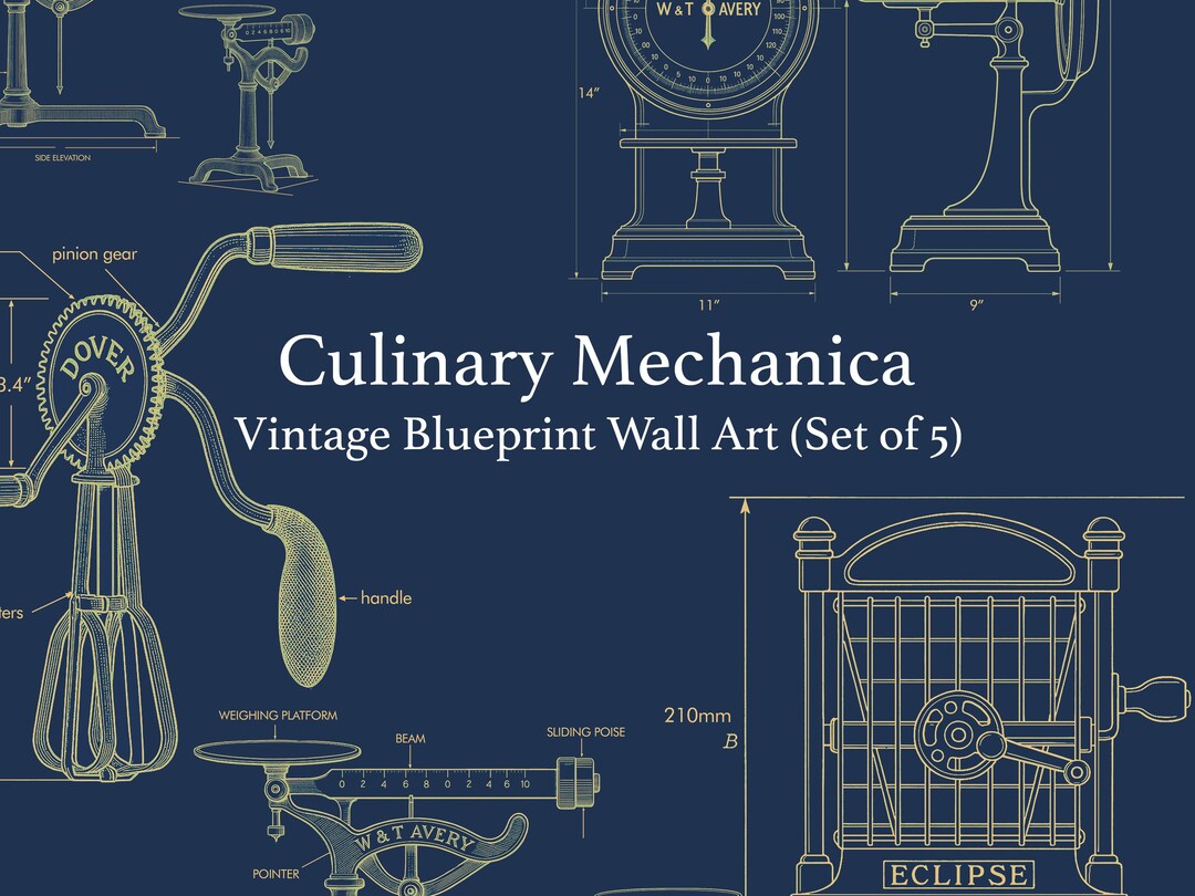 Culinary Mechanica - Vintage Kitchen Blueprint Wall Art Collection (set ...
