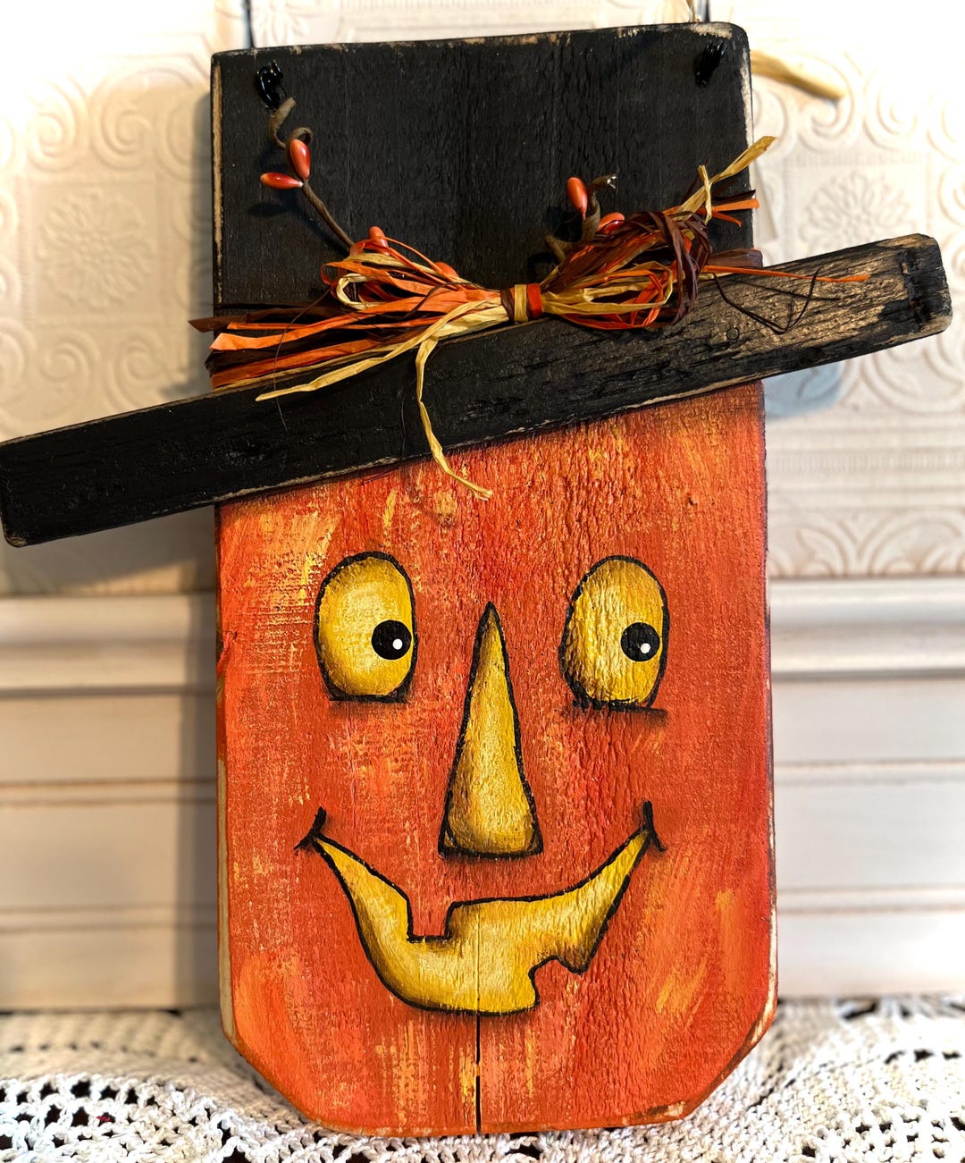Primitive Folk Art Halloween Fence Rail Jack O' Lantern Ooak #1 - Etsy