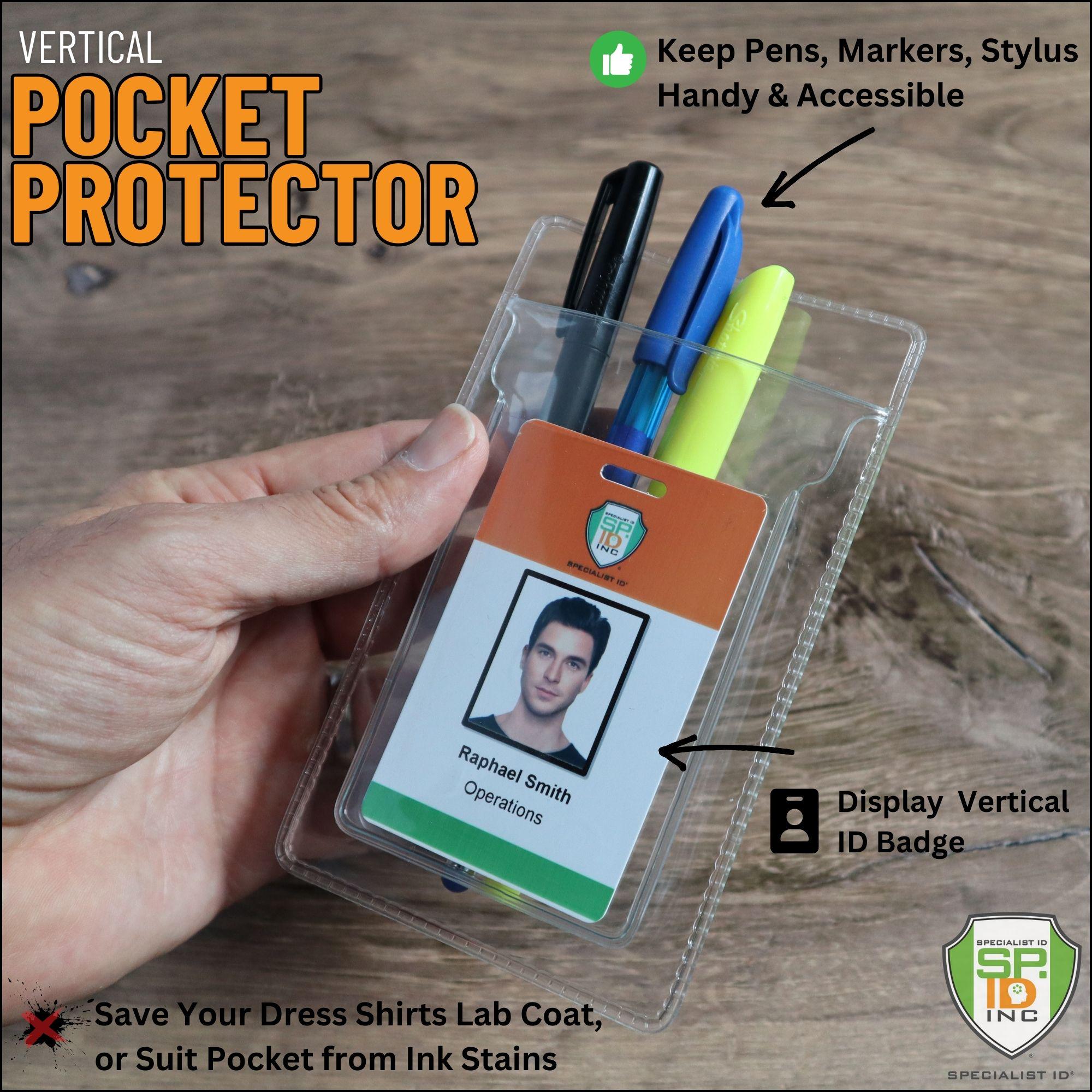 Pocket Protector for Pens With Badge Holder - Vertical Pouch Fits in ...
