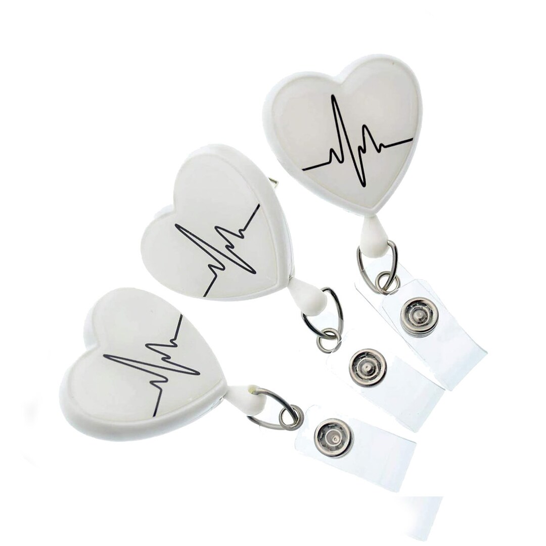 3 Pack - EKG Badge Reels - Retractable White Heartbeat Design W/ Swivel ...