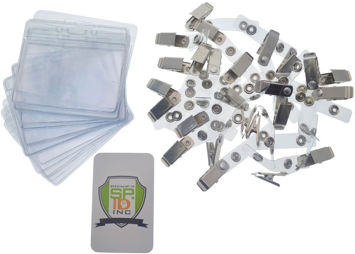 25 Clear Horizontal ID Badge/name Tag Holders With Metal Bulldog Clips ...