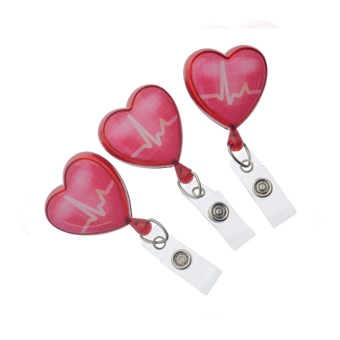 3 Pack - EKG Badge Reels - Retractable Red Heartbeat Design W/ Swivel ...