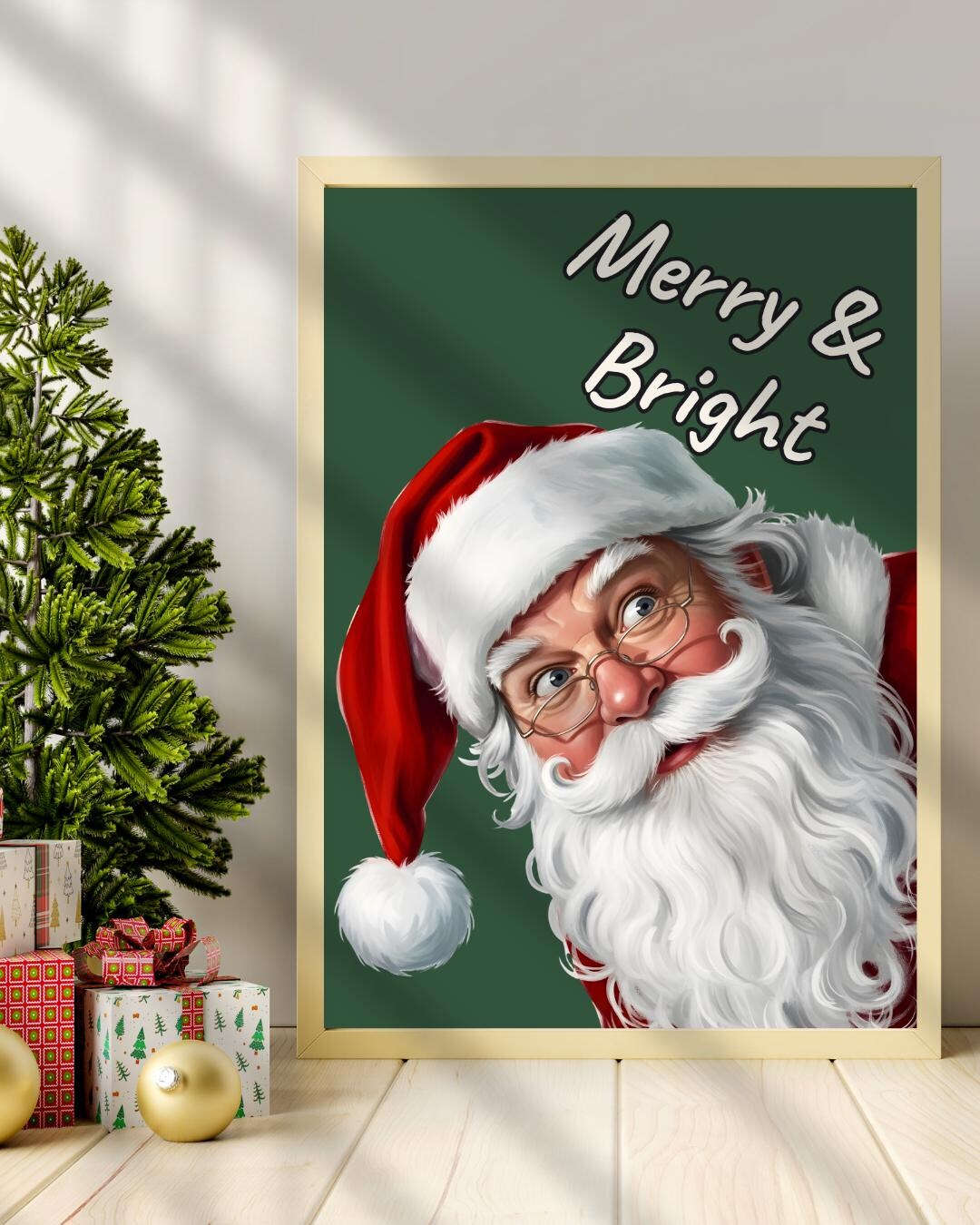 Merry & Bright Santa Peek Poster: Playful Christmas Wall Art Print ...