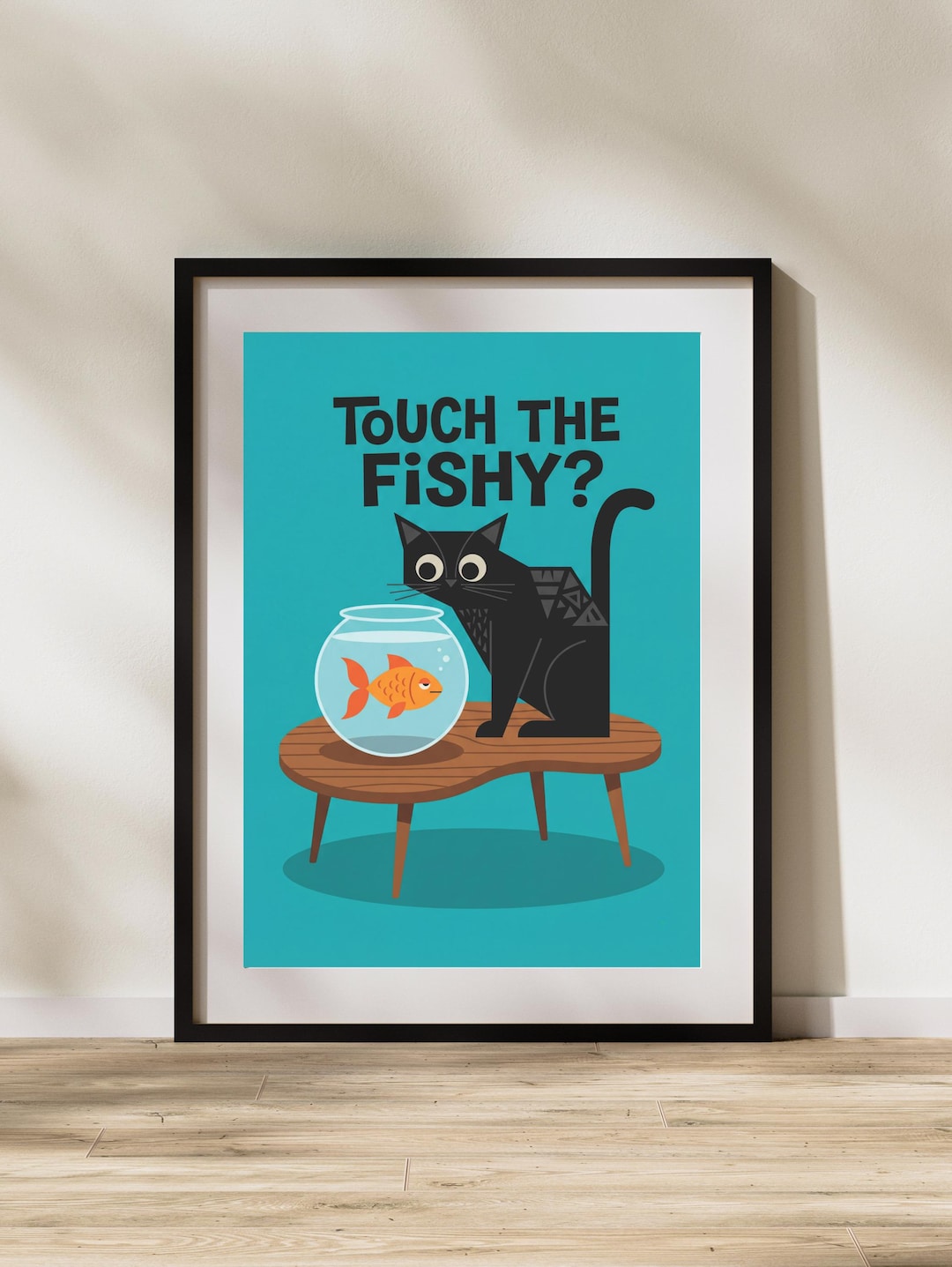 Touch the Fishy Poster: Funny Black Cat & Goldfish Wall Art Print ...