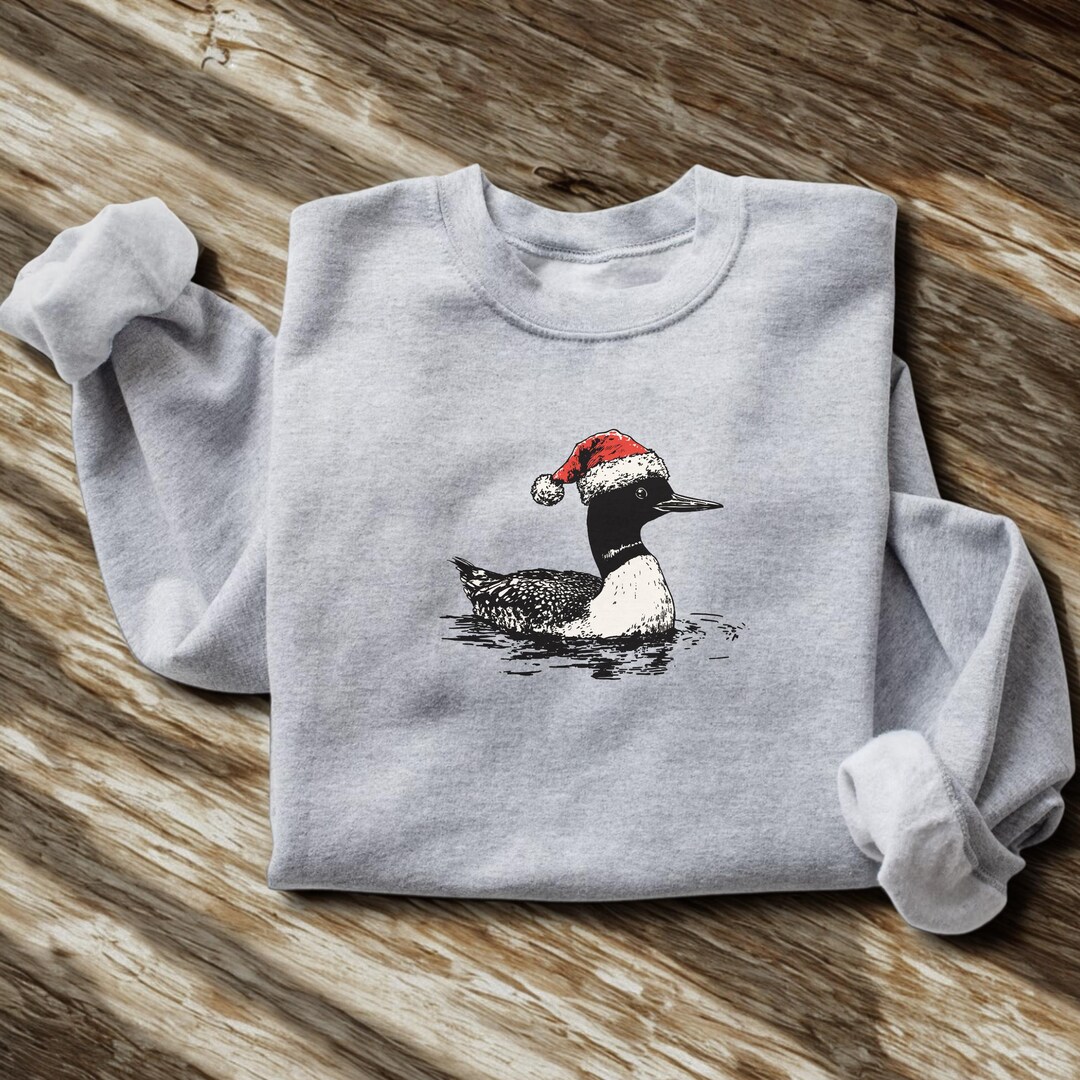 Cute Christmas Loon Sweatshirt, Santa Hat on a Loon, Common Loon Winter ...