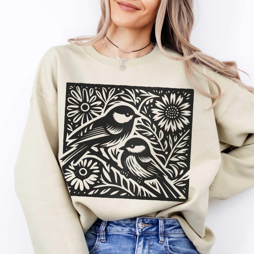 Chickadee Linocut Sweatshirt, Great Tits Bird Lovers Sweater, Block ...