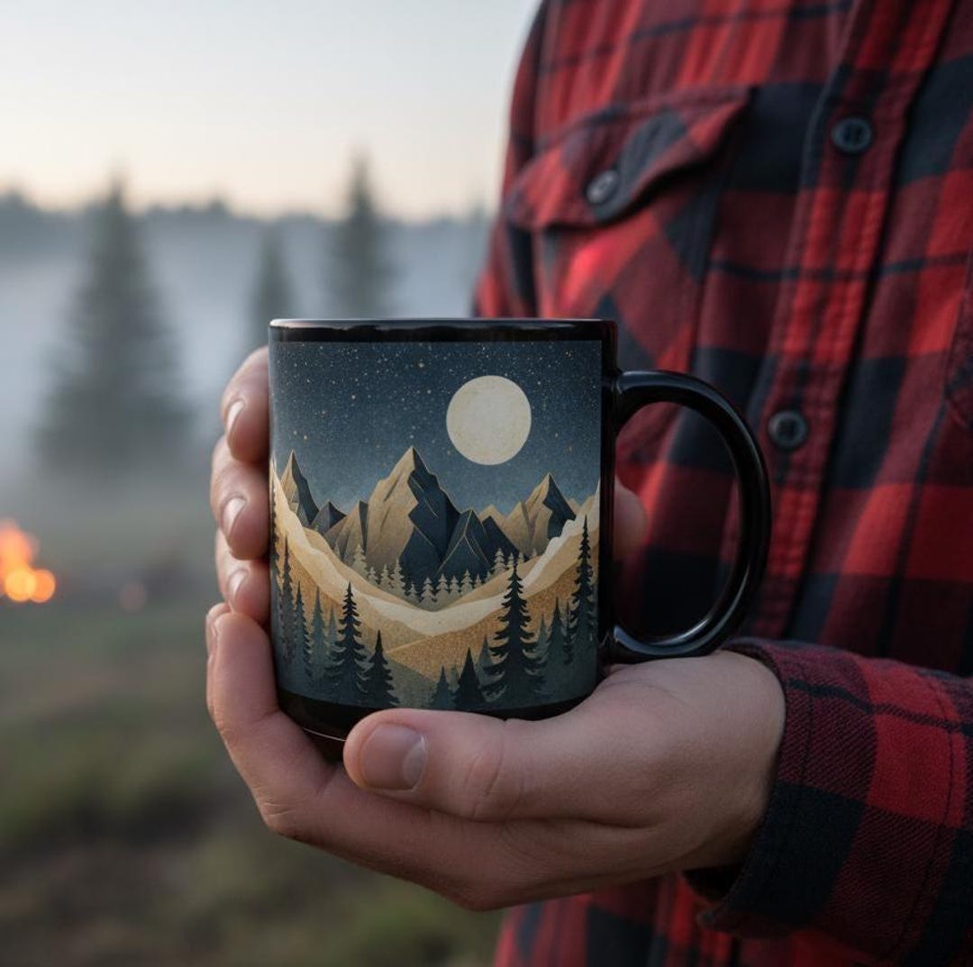 Rustic Mountain Forest Coffee Mug, Nature Landscape Design, 15oz Black ...