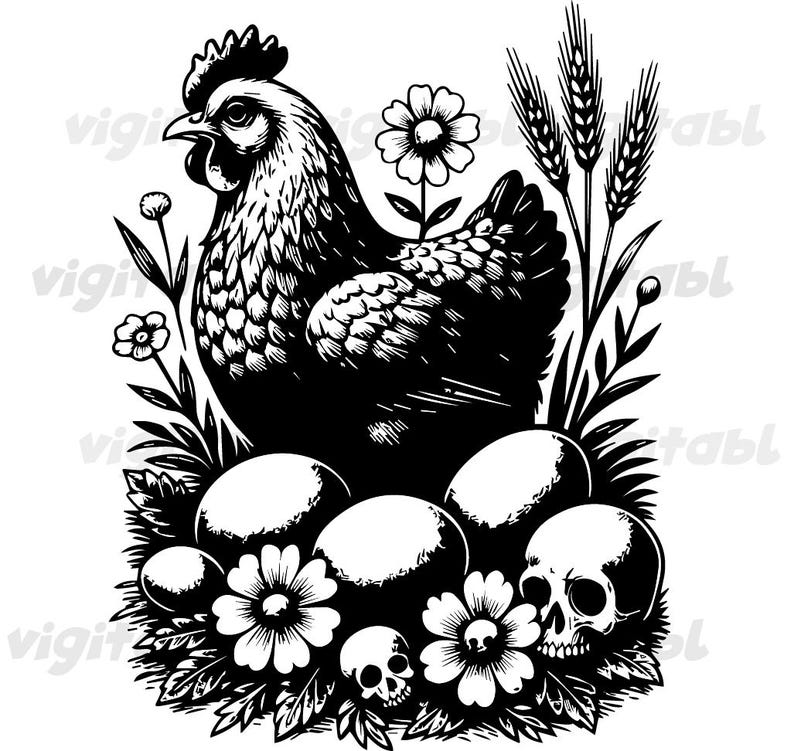 Hen With Flowers and Eggs Clipart, Chicken Silhouette (SVG & PNG) - Etsy