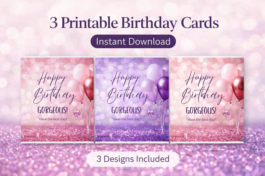 Printable Birthday Cards Bundle | Pink Purple Designs (instant Download ...