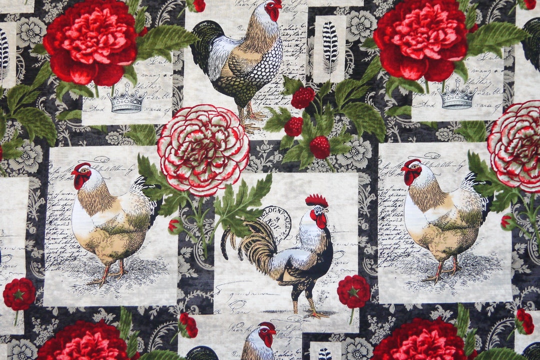 French Rooster Floral Patch 100% Cotton Fabric 1 Yard More for One ...