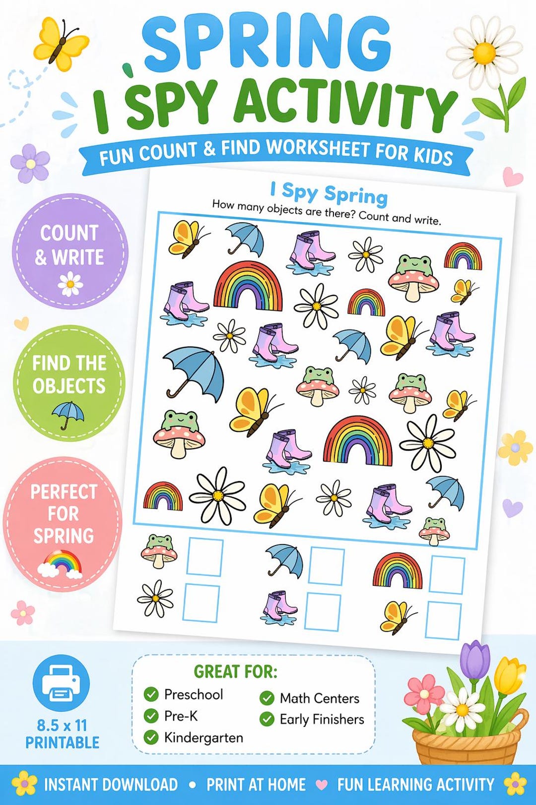 Spring I Spy Printable | Counting Worksheet | Preschool Math Activity ...
