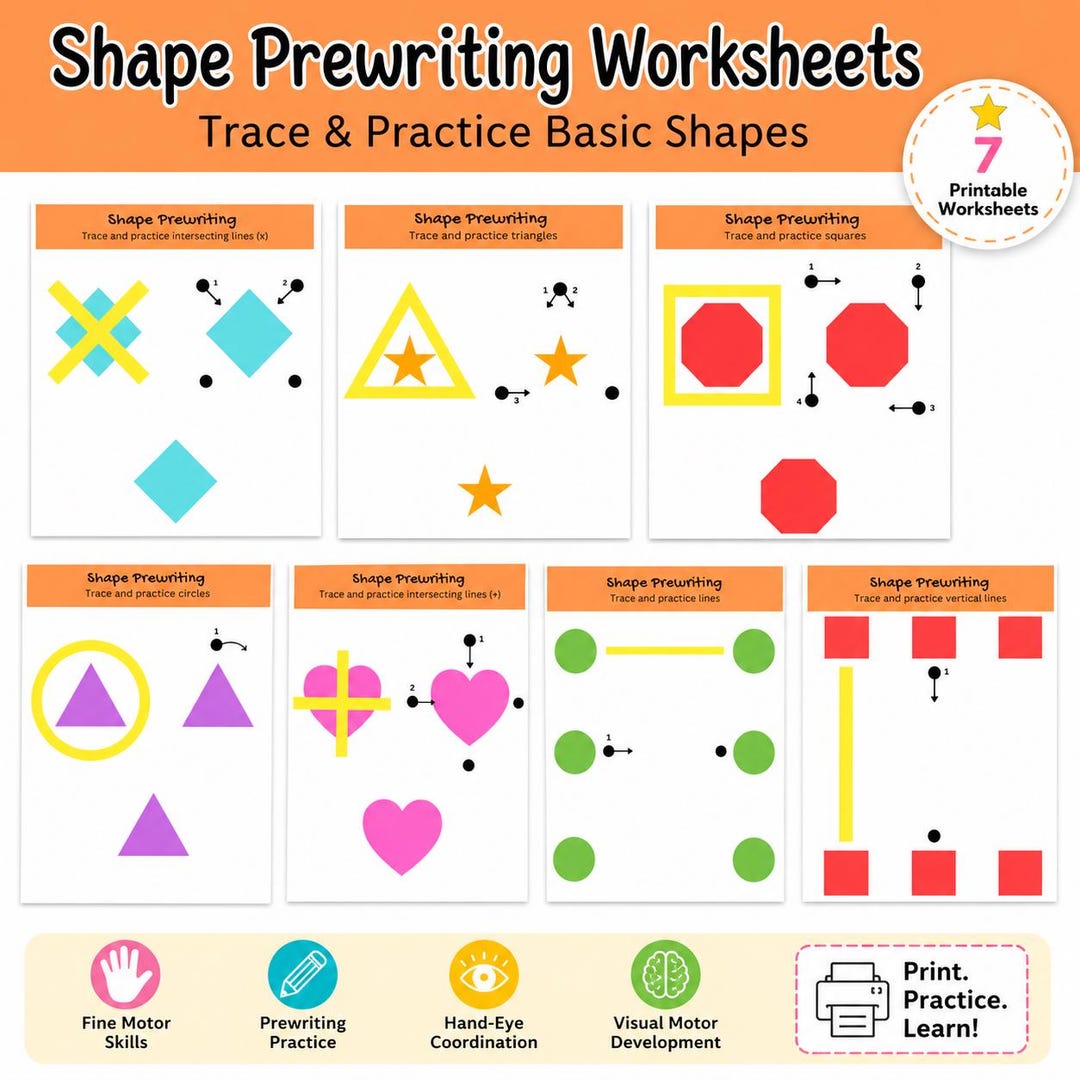 Shape Prewriting Worksheets | Preschool Fine Motor (PDF Download) - Etsy
