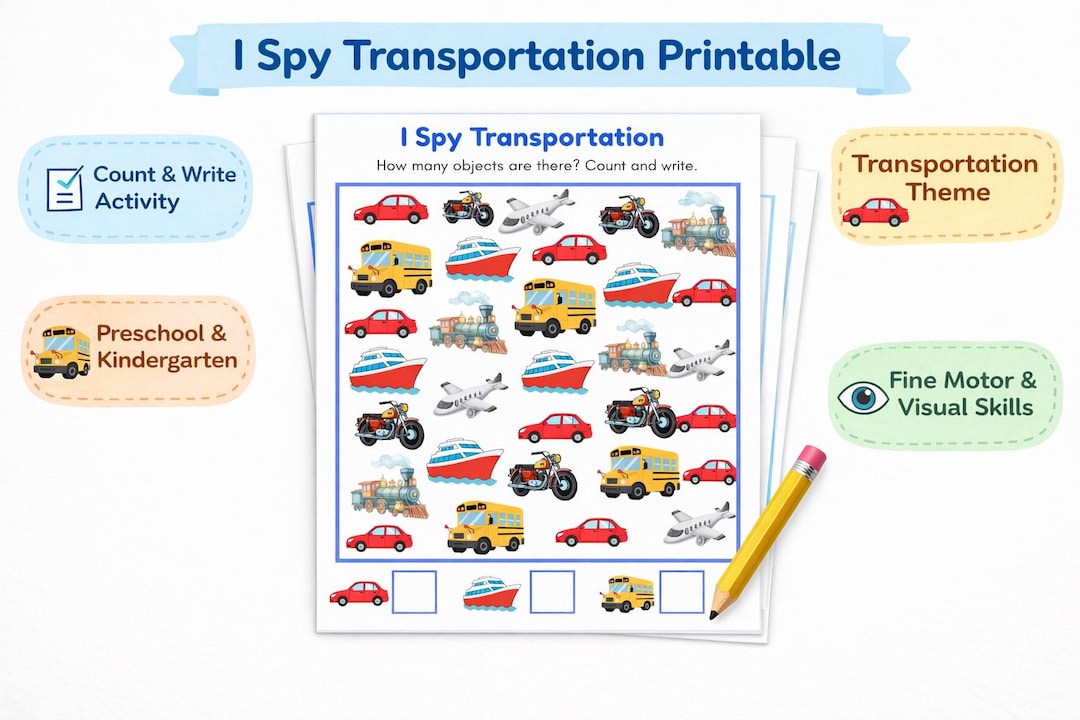 Transportation I Spy Printable | Counting Worksheet | Preschool Math ...