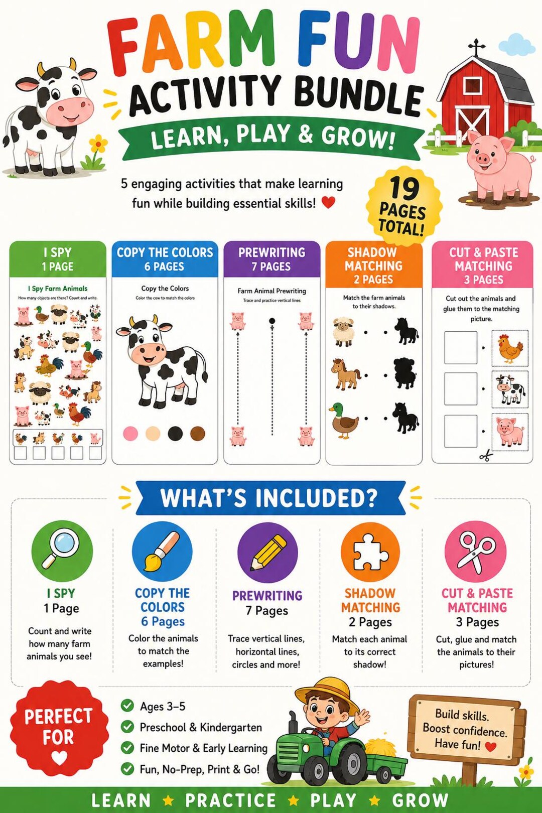 BUNDLE | Farm Animal Preschool Activity Pack | I Spy, Prewriting ...