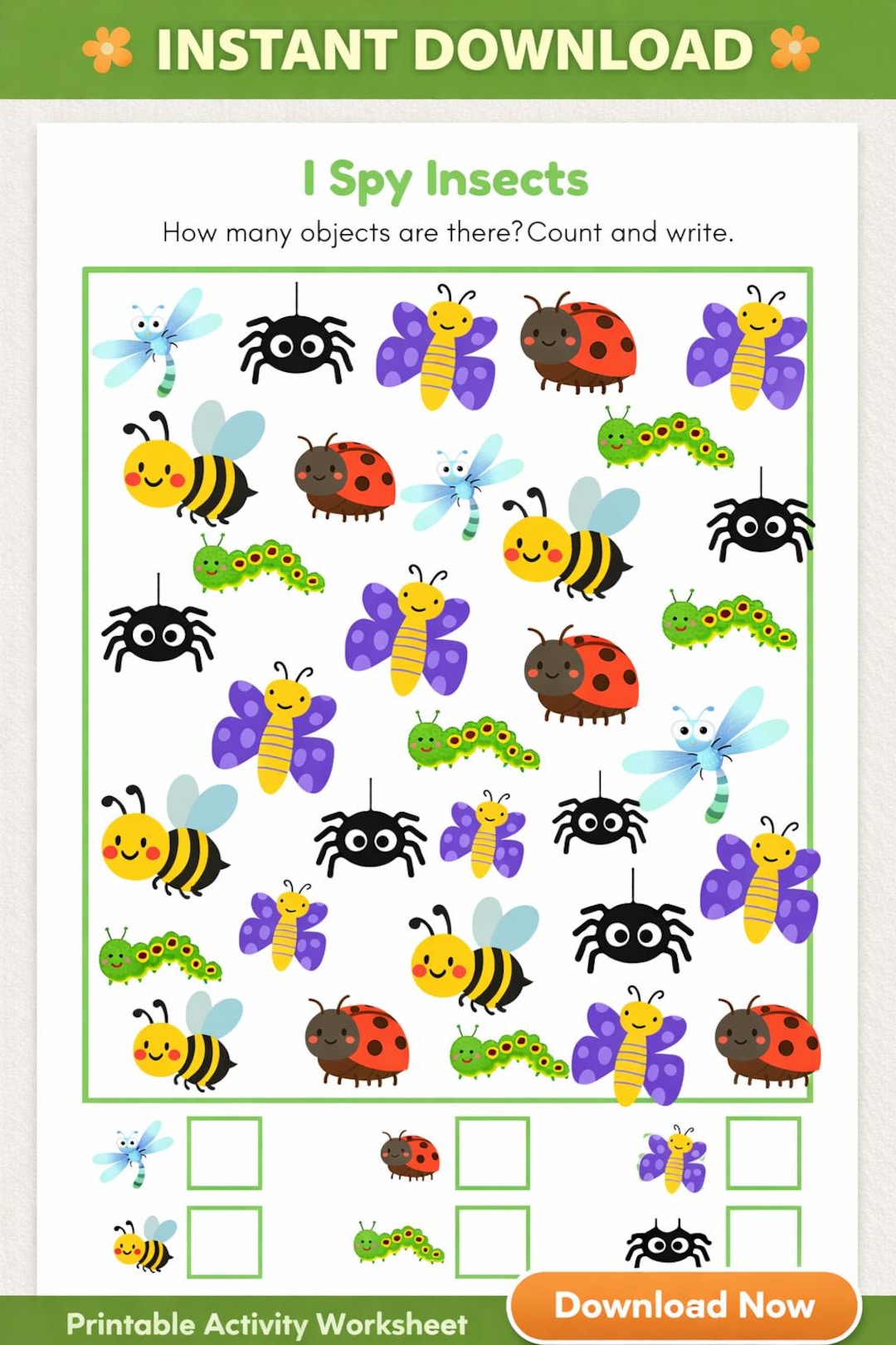 Insects I Spy Printable | Counting Worksheet | Preschool Math Activity ...