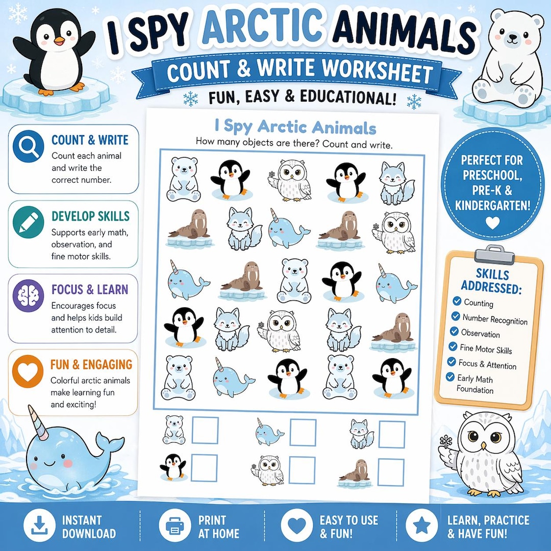Arctic Animal I Spy Printable | Counting Worksheet | Preschool Math ...