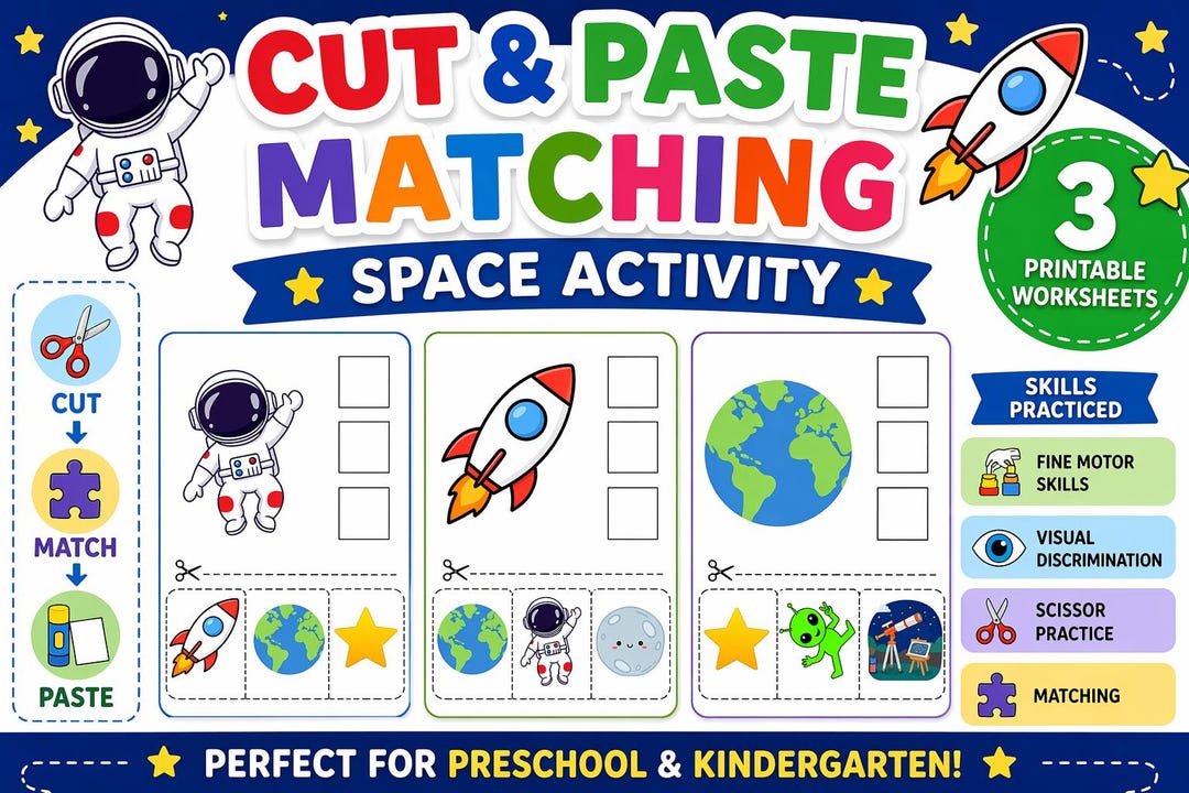 Space Cut and Paste Matching Activity | Preschool Fine Motor Worksheets ...