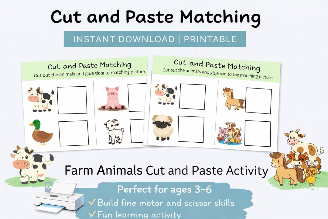 Farm Animals Cut and Paste Matching Activity | Preschool Fine Motor ...