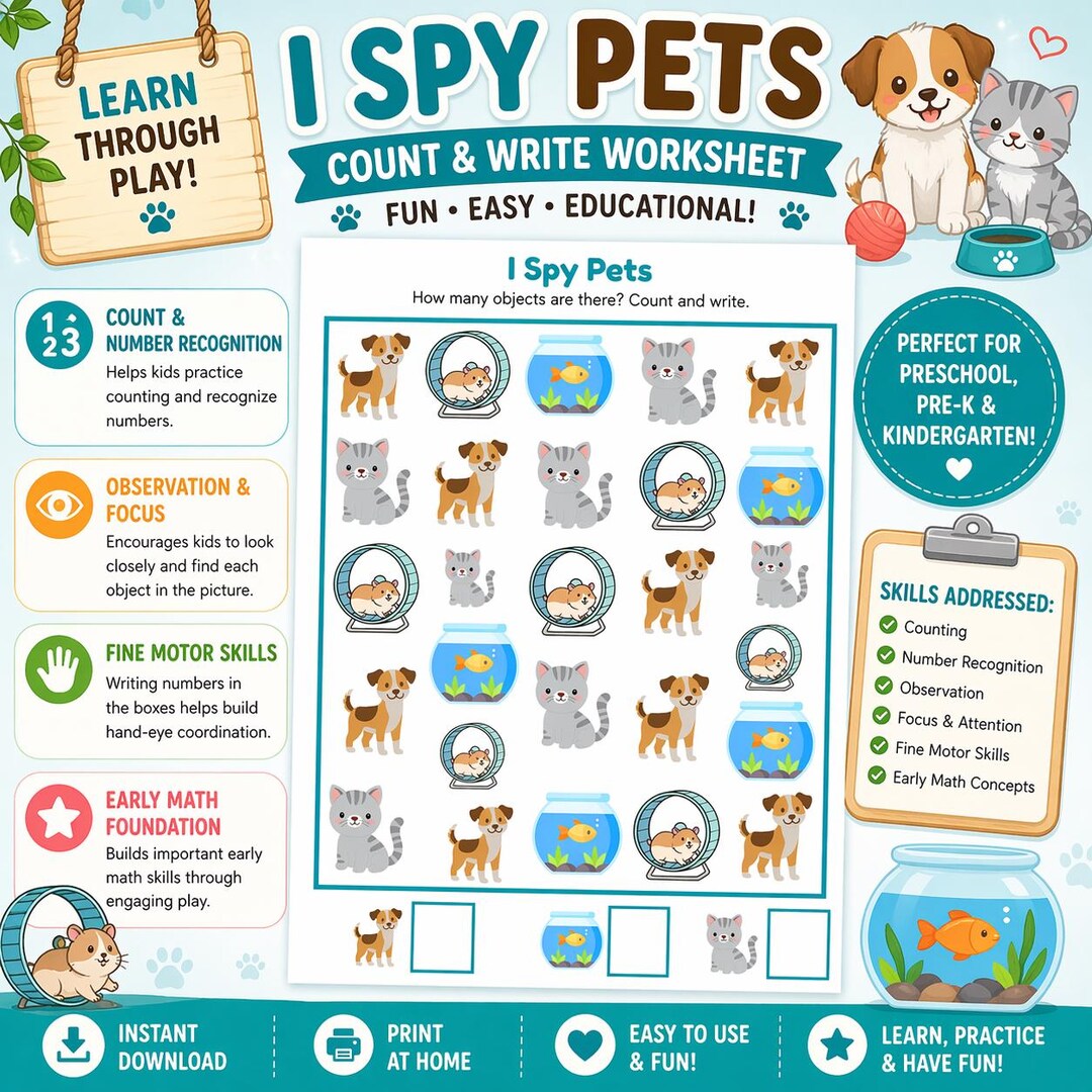 Pets I Spy Printable | Counting Worksheet | Preschool Math Activity ...