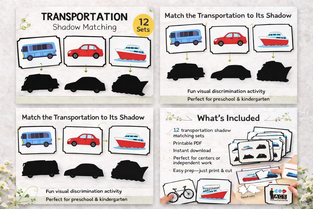 Transportation Shadow Matching Cards, Montessori, Fine Motor, Visual ...