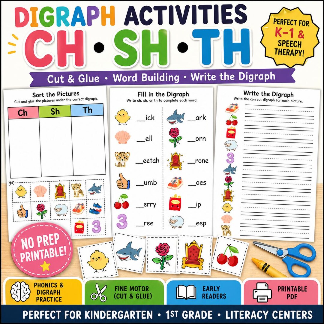 Digraph Worksheets CH SH TH | Phonics Cut and Paste Activity (digital ...
