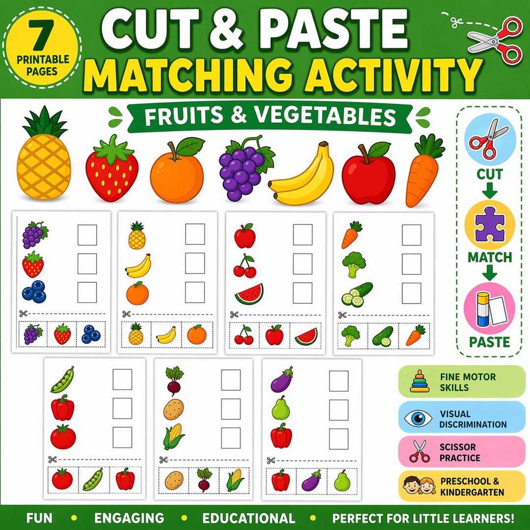 Food Cut and Paste Matching Activity | Preschool Fine Motor Worksheets ...